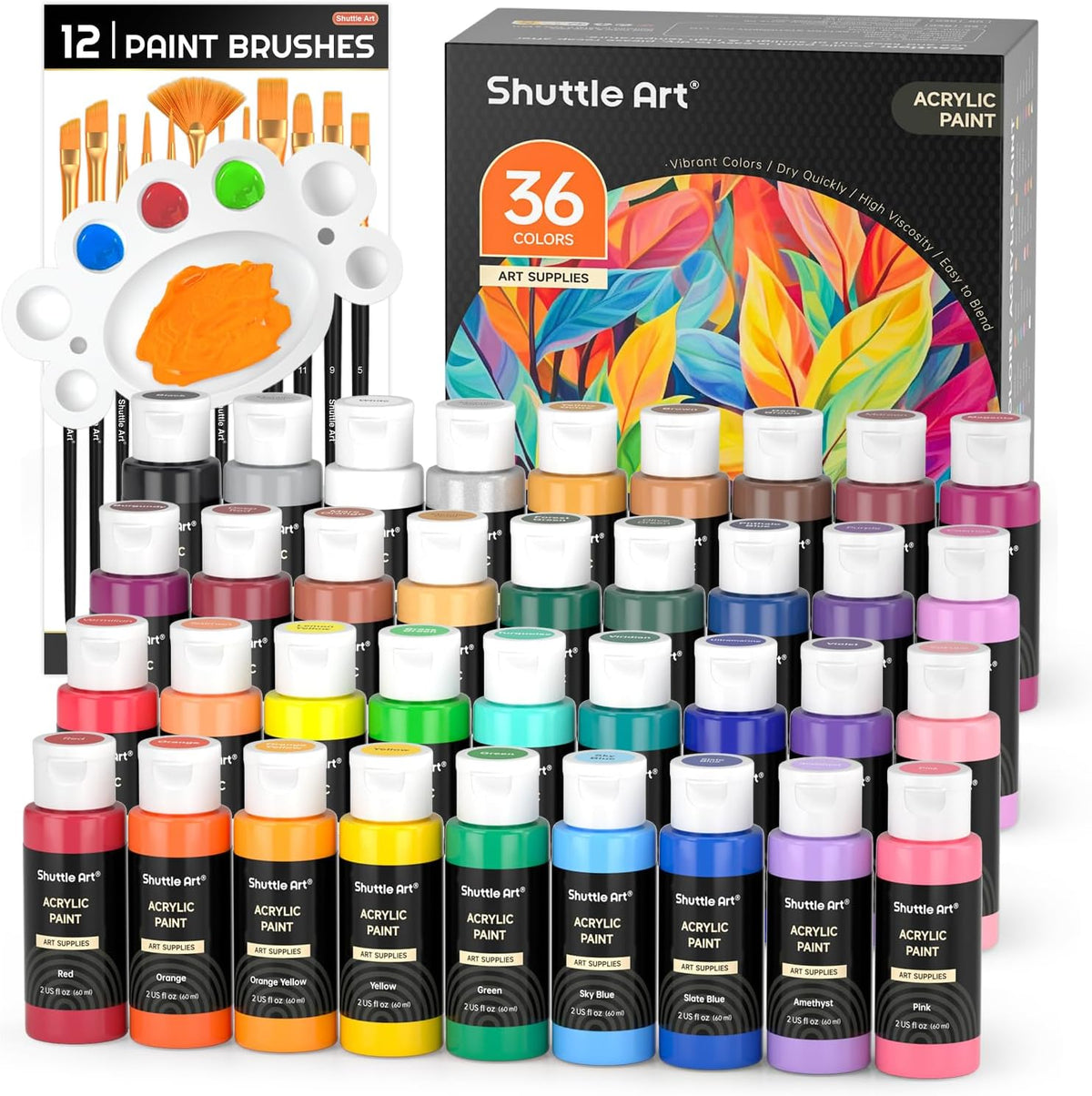 Acrylic Paint, 60ml Tubes with 10 Brushes and 1 Palette - Set of 36 ...