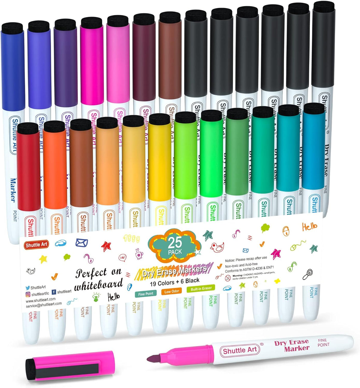 Dry Erase Markers - 25 Pack, 19 Colors + 6 Black — Shuttle Art